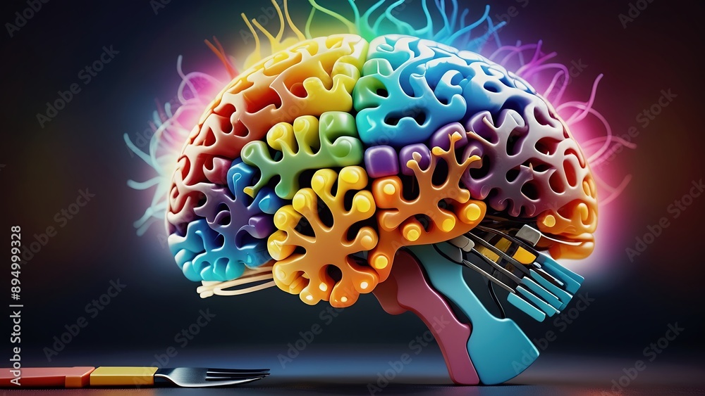 Cerebro de colores conformado de muchas estructuras luminosas, con ...