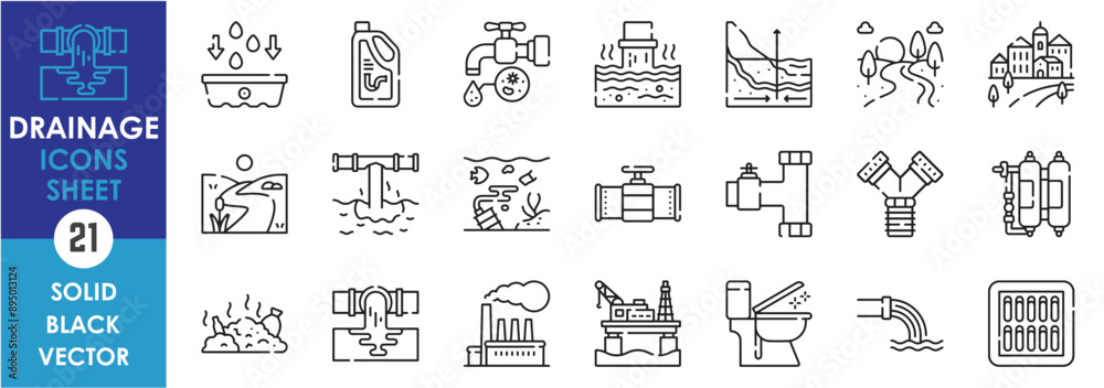 A set of line icons related to drainage. Sewer, pipeline, industrial ...
