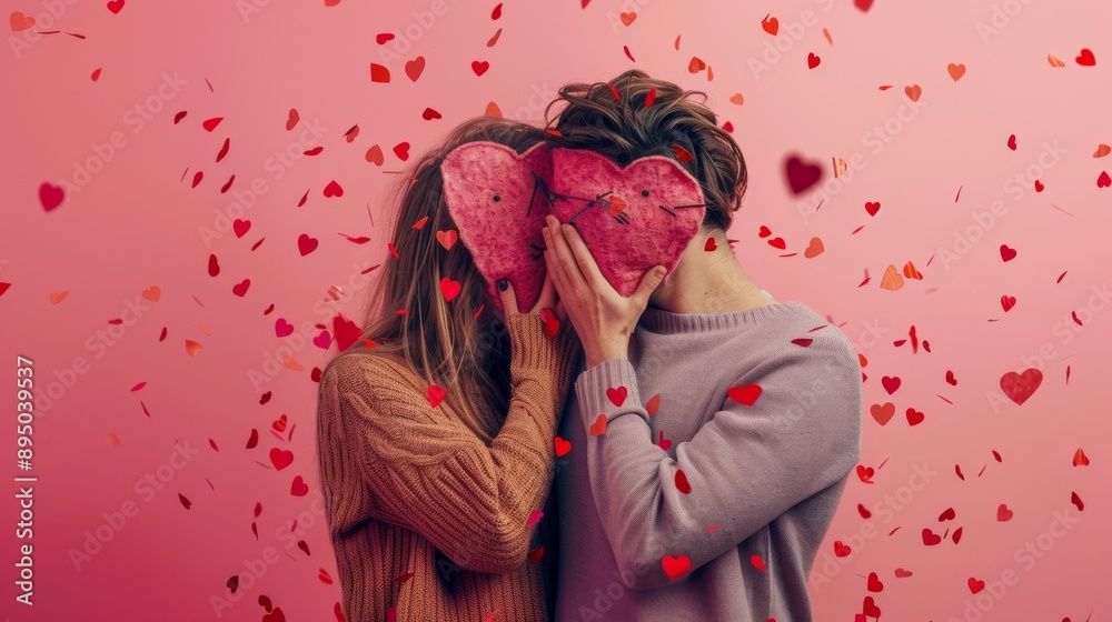 cute couple in love giving each other a kiss covering the kiss with a ...