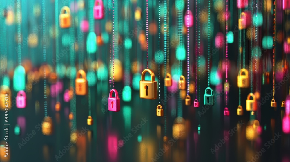 An abstract representation of digital locks and shields symbolizing data protection and ...