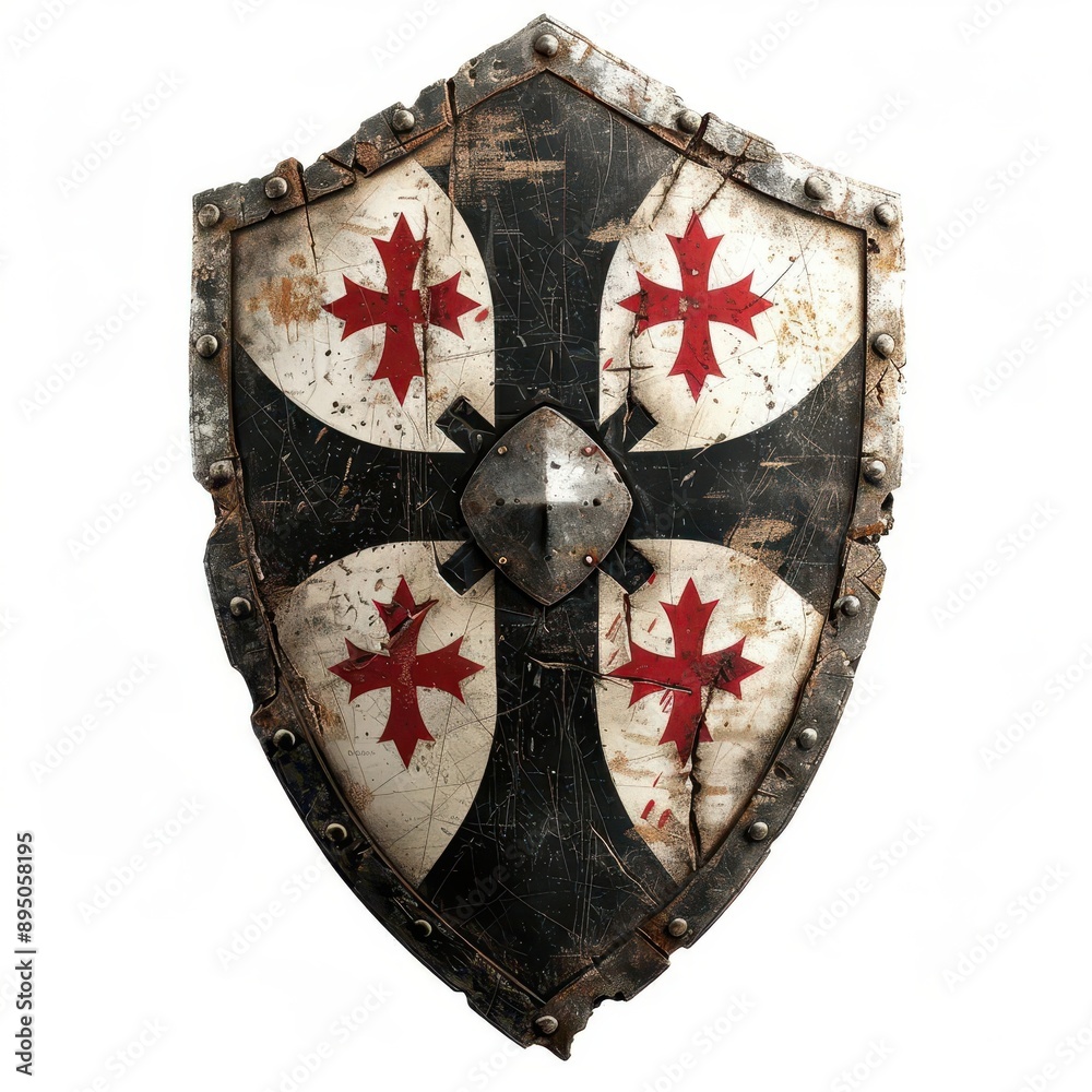 Medieval knight shield with cross symbol and red accents, showcasing ...