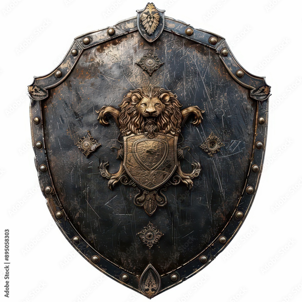 Medieval shield with lion crest, ornate design, antique metal, medieval ...