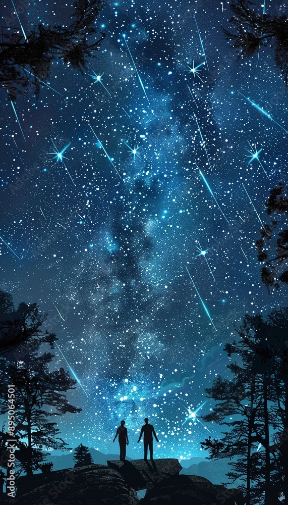 Vertical poster Starry night sky with meteor shower across stars ...