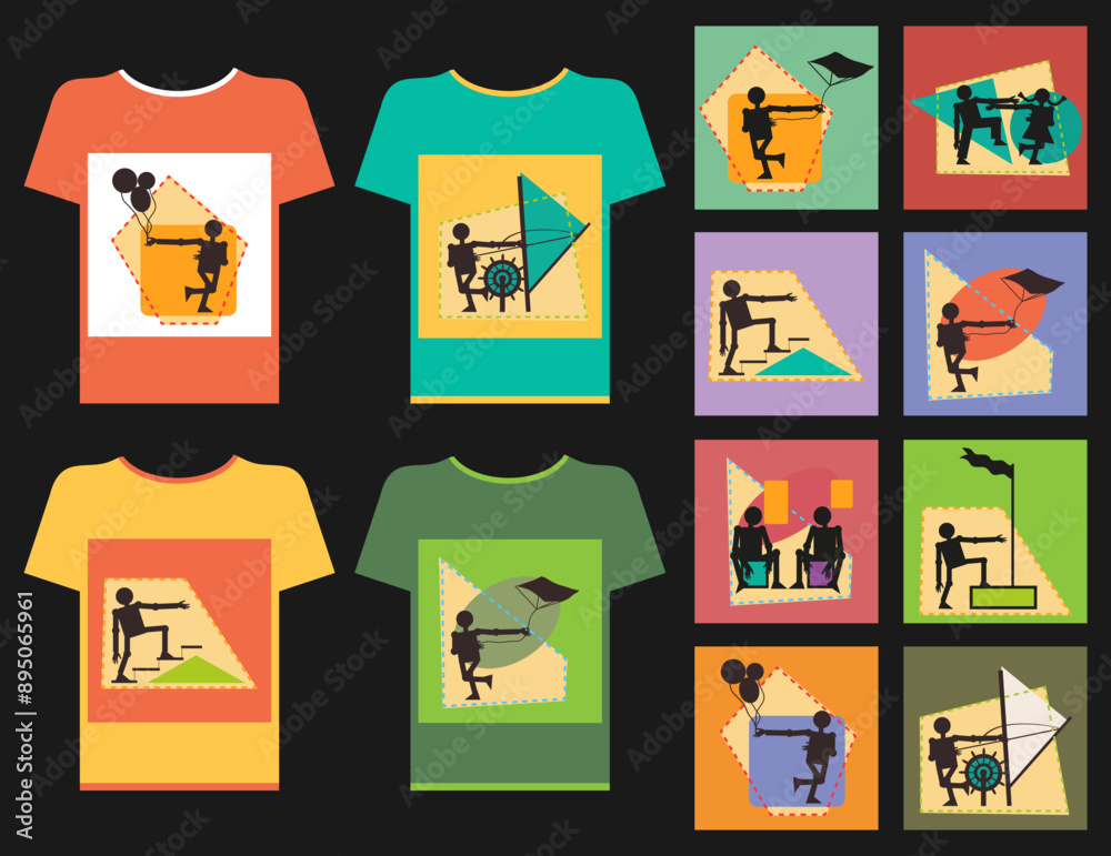 T-shirts in different colors with an original print with stylized ...