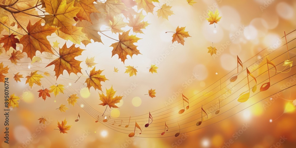 Autumn-themed background with music notes and falling maple leaves ...