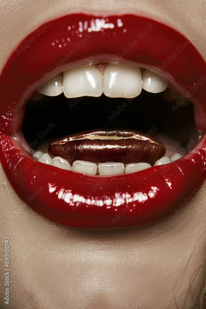 A close up of red lips with a coffee bean between them. The woman's ...