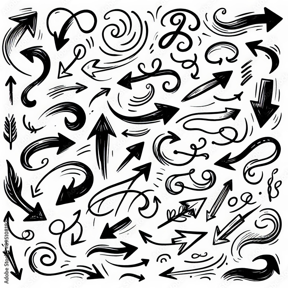 Collection of curved arrows in ink Vector hand drawn sketchy arrows pointing different ...