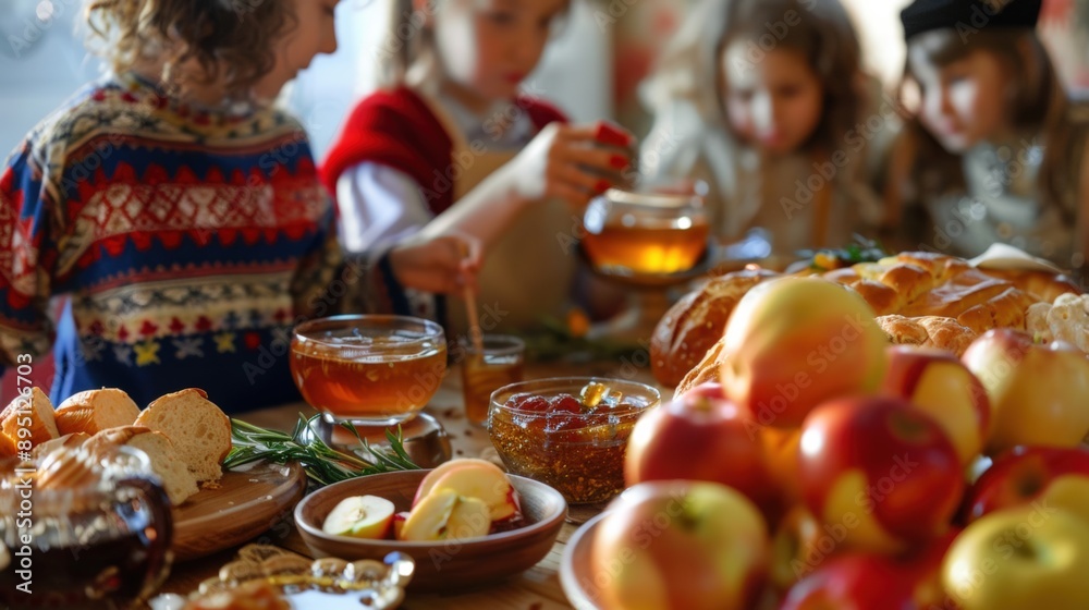 Rosh Hashanah gathering with people in traditional attire, sharing ...