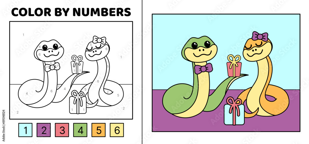 Color by number. Two snakes give each other gifts. Coloring page. Game ...