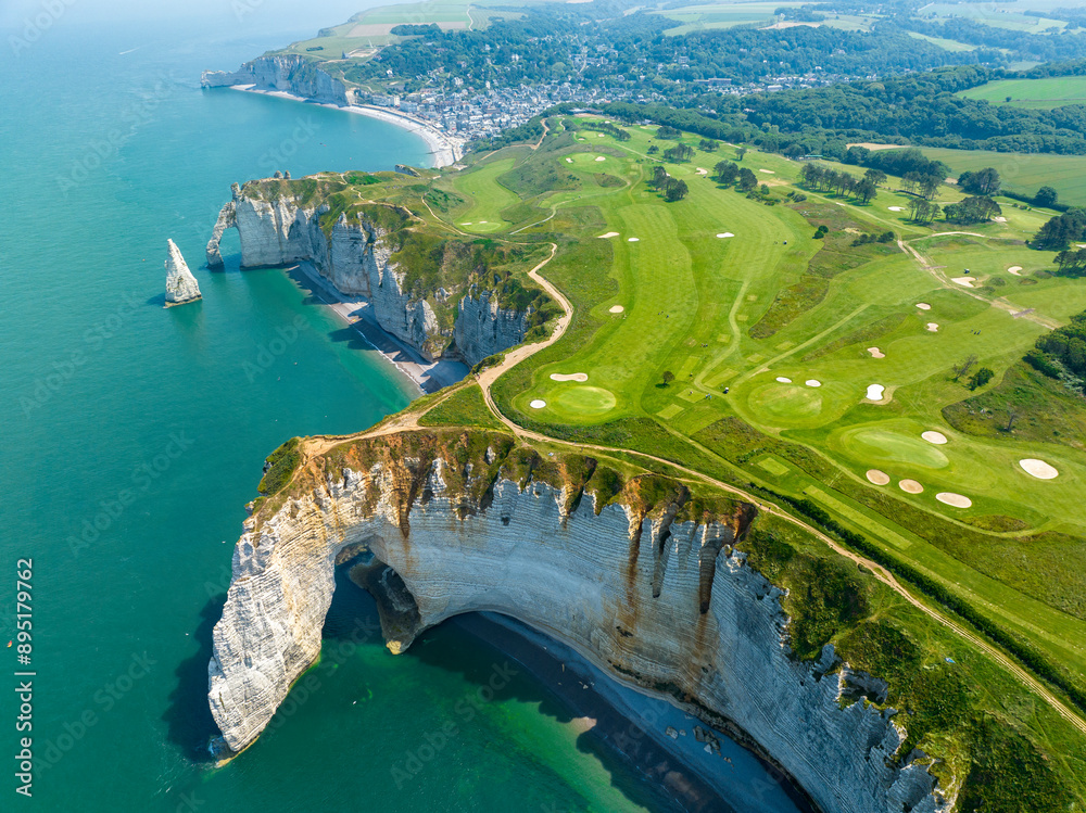 Aerial view of Etretat cliffs and the Atlantic ocean. Chalk cliffs and ...