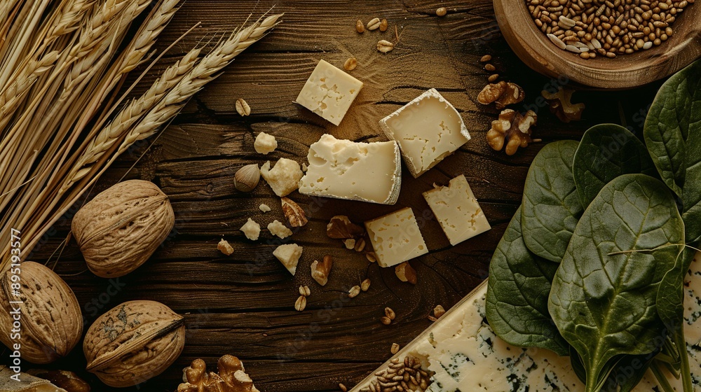 small pieces of cheese, grains and ears of wheat, walnuts and hazelnuts ...