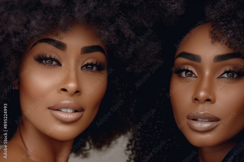 Two women, possibly twins, with dark brown eyes and skin, gaze ...