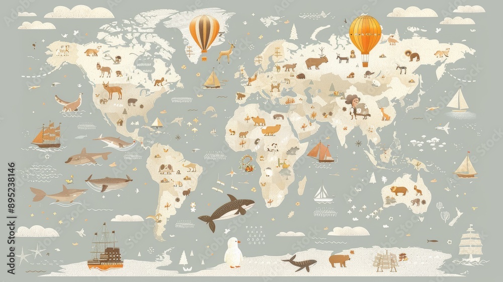 World map with cartoon animals for kids, nature, discovery, ocean ...