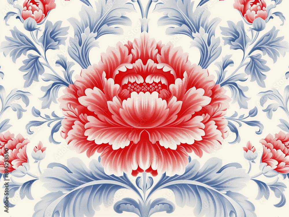 Motif floral antique avec grosse pivoine dans un style historique ...