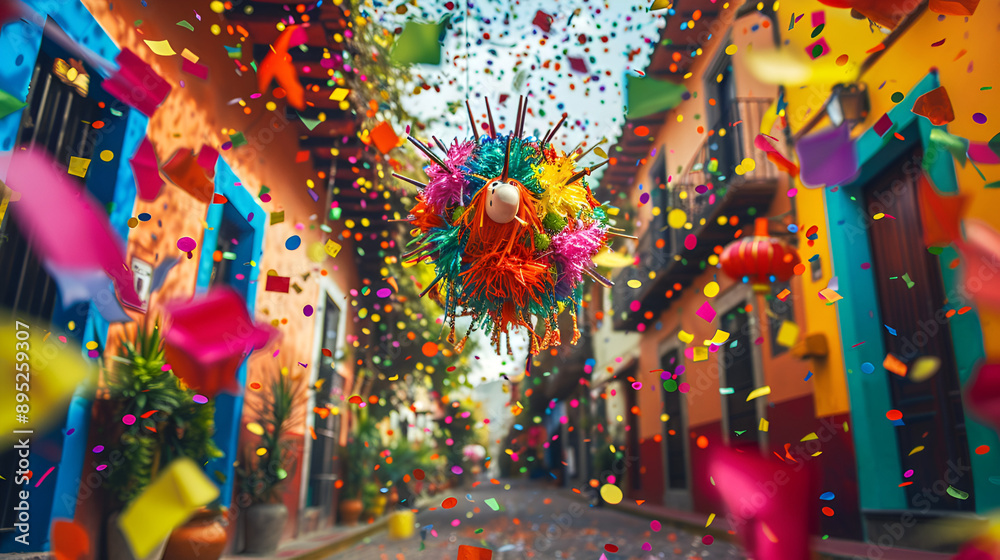 piñata colgada entre las calles de un pueblo mexicano casas pintorescas ...