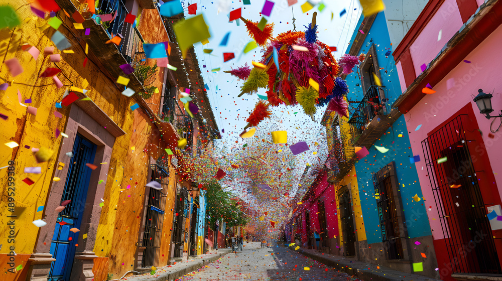una calle pintoresca de un publo de mexico con una piñata colgada en ...