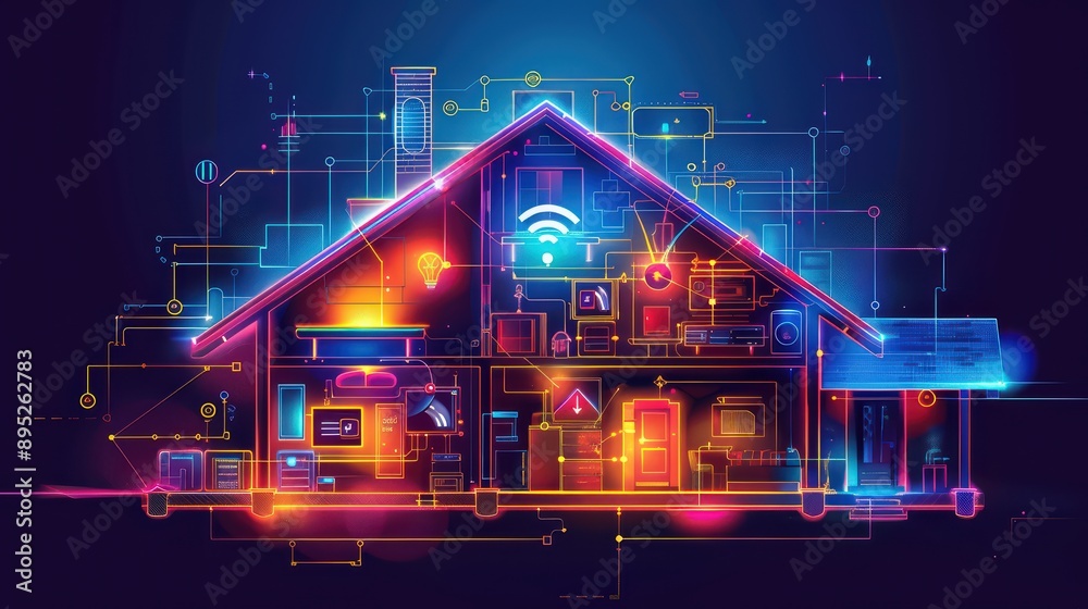 Cross section of a house with smart home connections, wifi stations ...