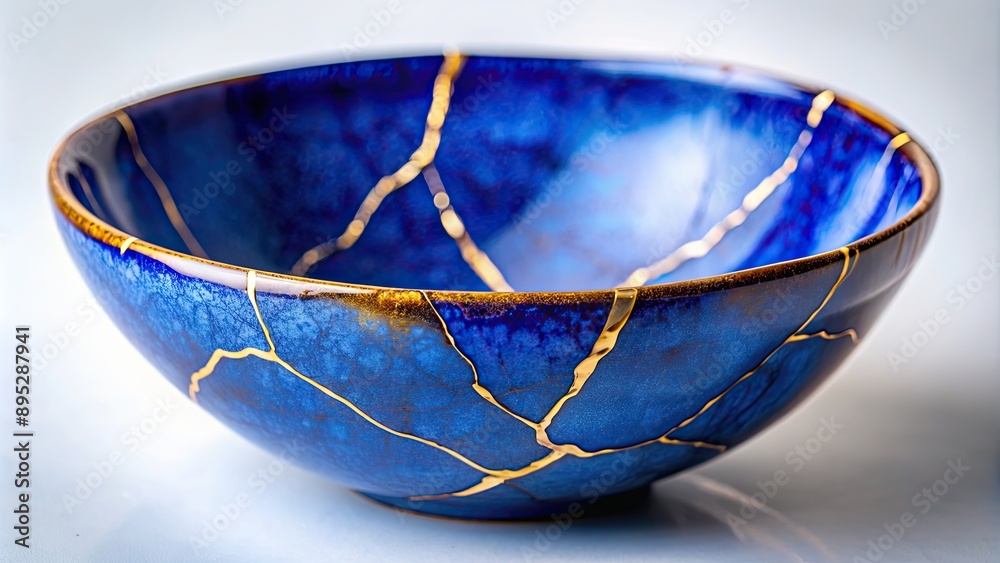 Blue kintsugi bowl with gold cracks restoration, symbolizing beauty in imperfections and ...