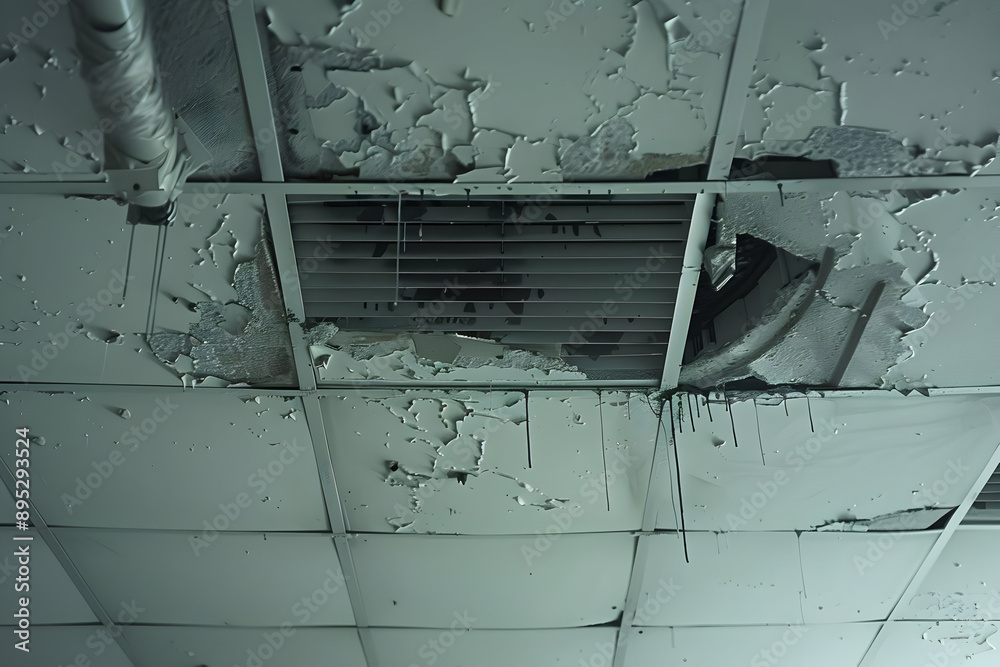 A damaged ceiling with peeling paint and a broken ventilation system ...