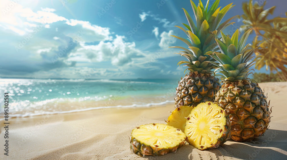 Pineapple fruits on tropical beach. Sunny day, sea breeze, palm trees ...