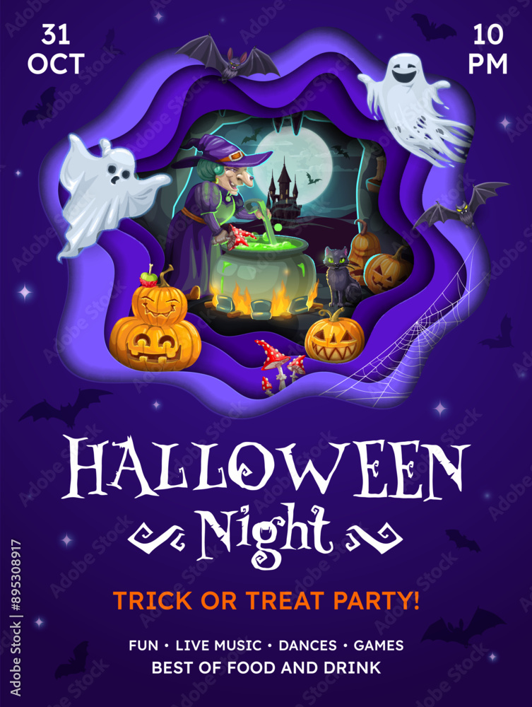 Halloween party flyer with paper cut witch cave, ghosts and pumpkins ...