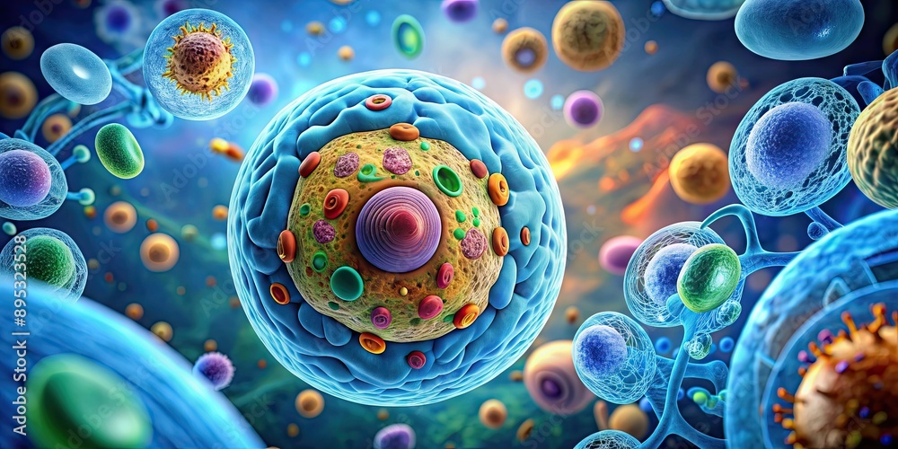 Human cell under microscope showing detailed cellular structure and ...