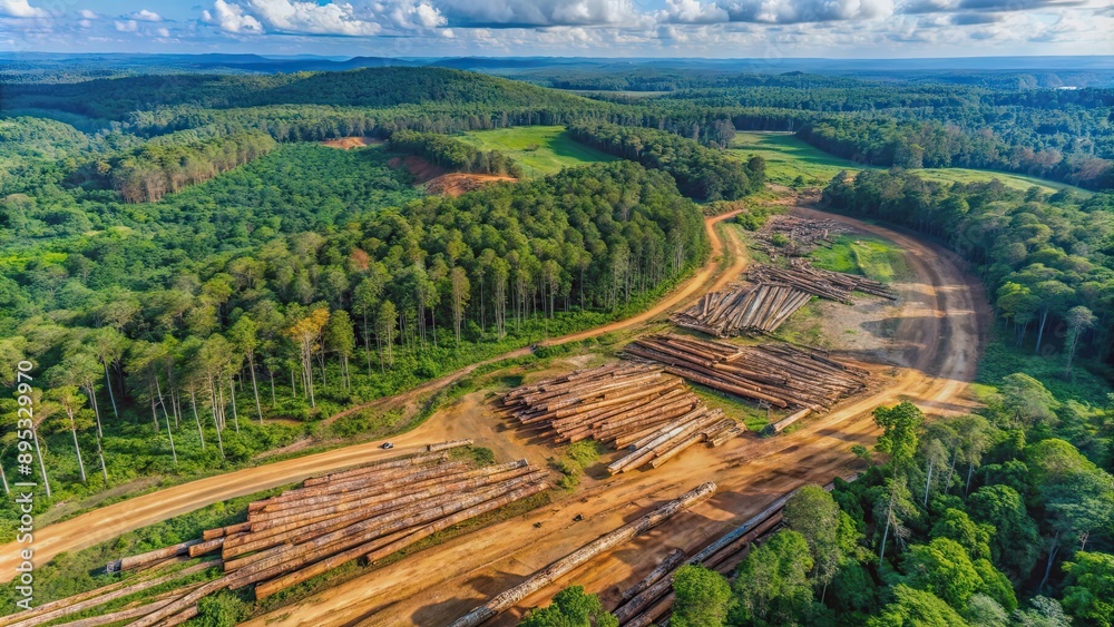 Aerial view of extensive deforestation and timber harvesting ...