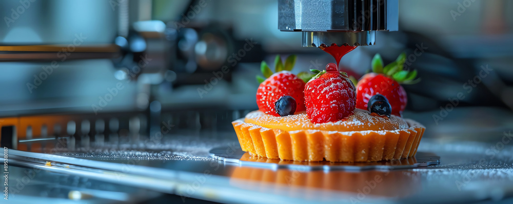 Closeup photorealistic image of a 3D printer producing a detailed fruit ...