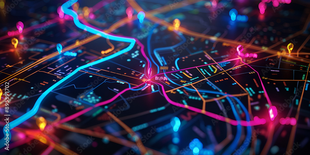 Smart Map: Colorful Digital Navigation System Visualization, City ...