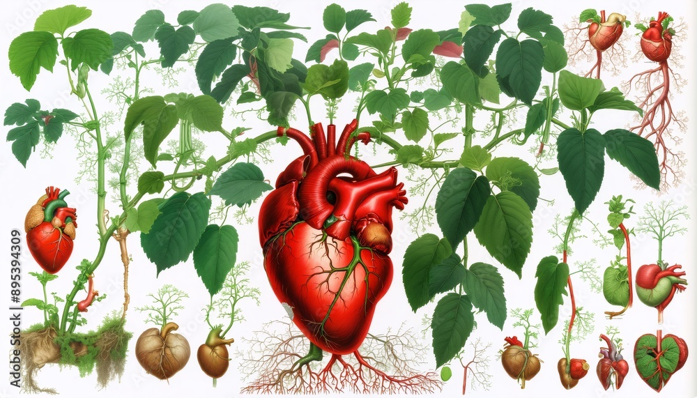 heart and plant schematic, anatomical heart in red with roots below ...