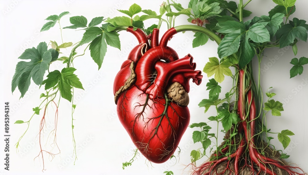 detailed heart with plant growth, red anatomical heart with roots ...