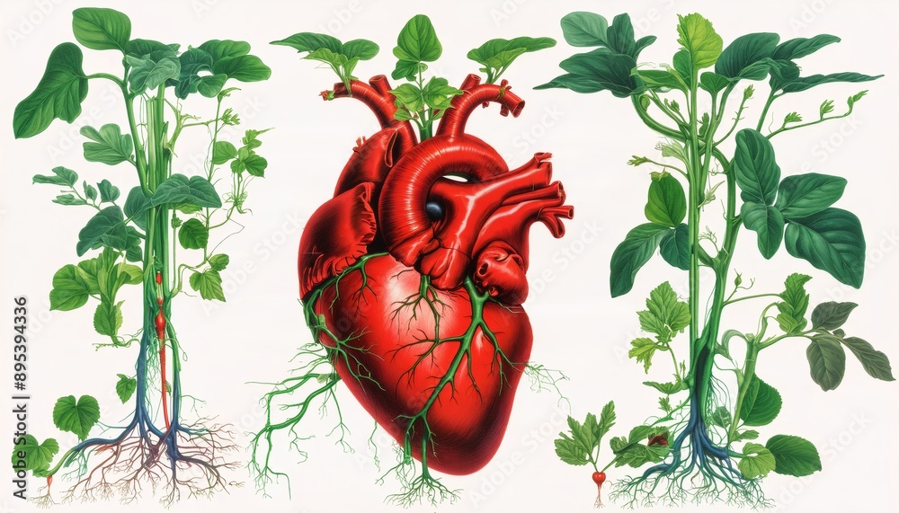 heart diagram with plant growth, anatomical heart in red with roots ...