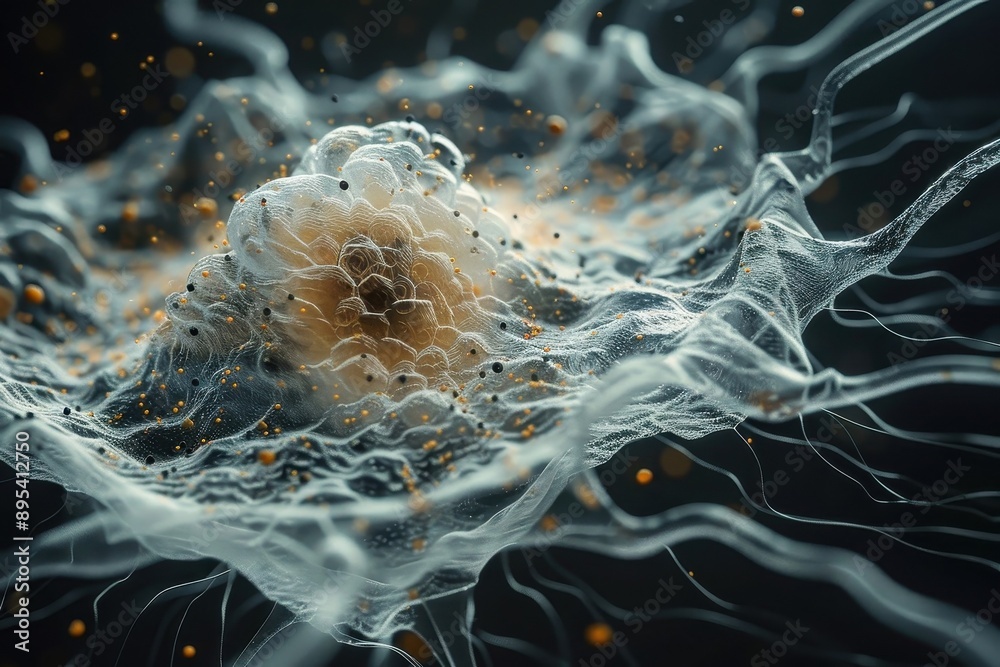 A Microscopic View Of A Cell Where Dots And Lines Define Its Intricate