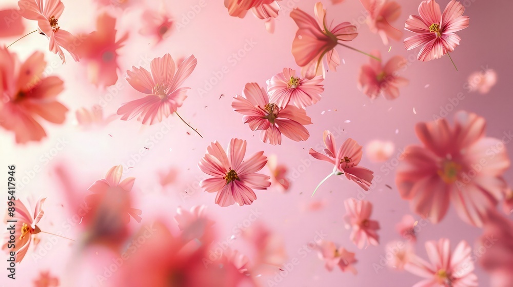 A beautiful image of sping pink flowers flying in the air on the pastel ...