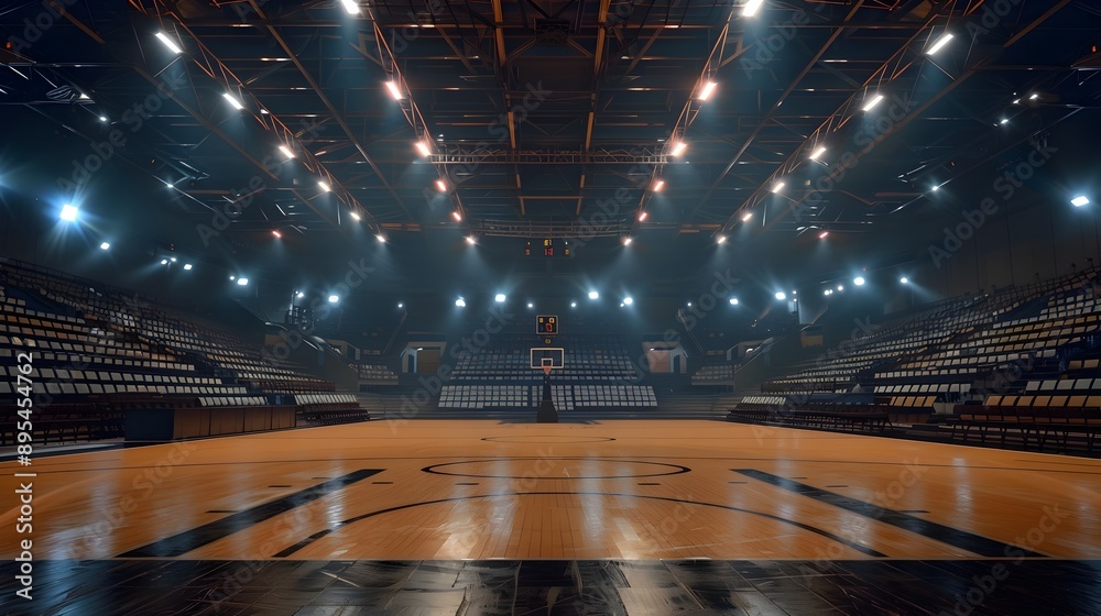 Impressive Full View of a Brightly Lit Basketball Stadium with Clear ...
