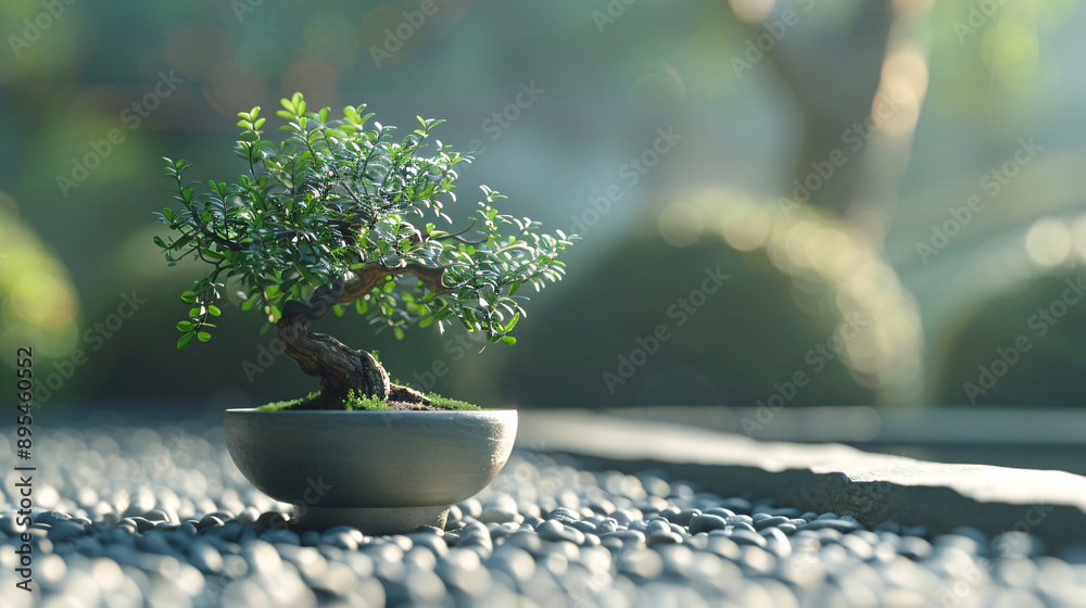 A bonsai tree in a minimalist pot, situated in a calming zen garden ...