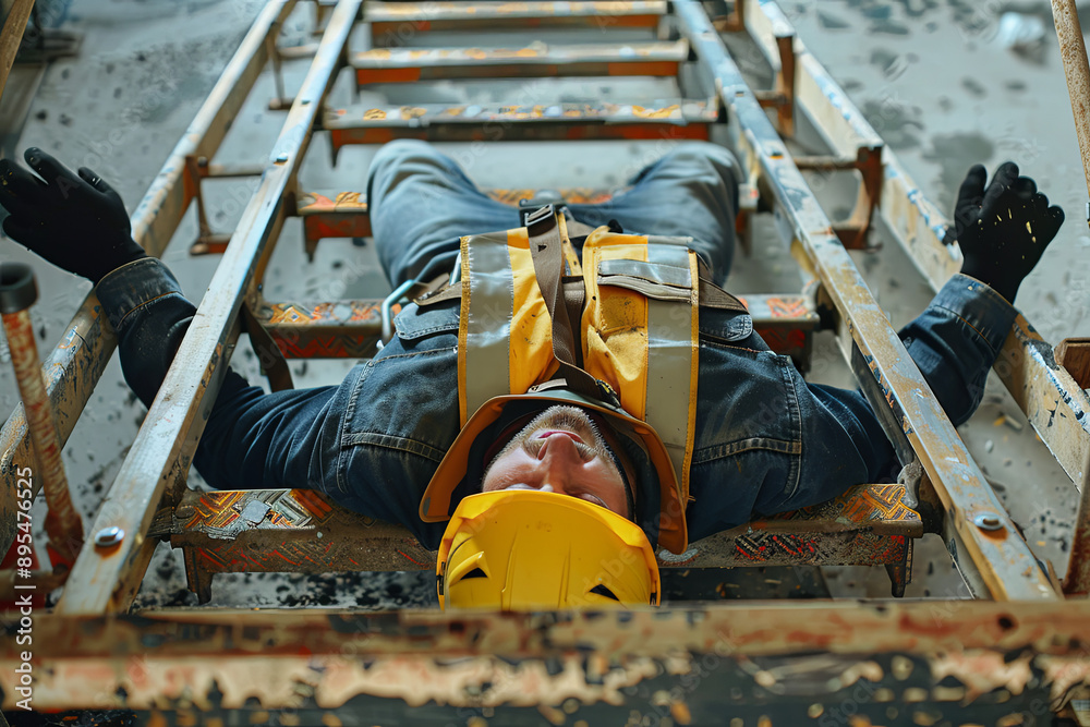 Accident and injury on construction site. Safety first concept. Worker ...