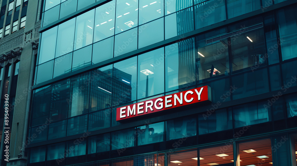 Entrance of the ER or Emergency Room department of an hospital with a ...