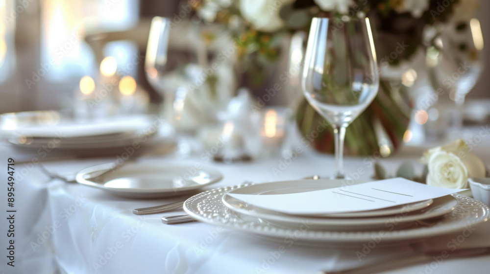 Elegant dining table with blank menu cards and reservation placeholders ...