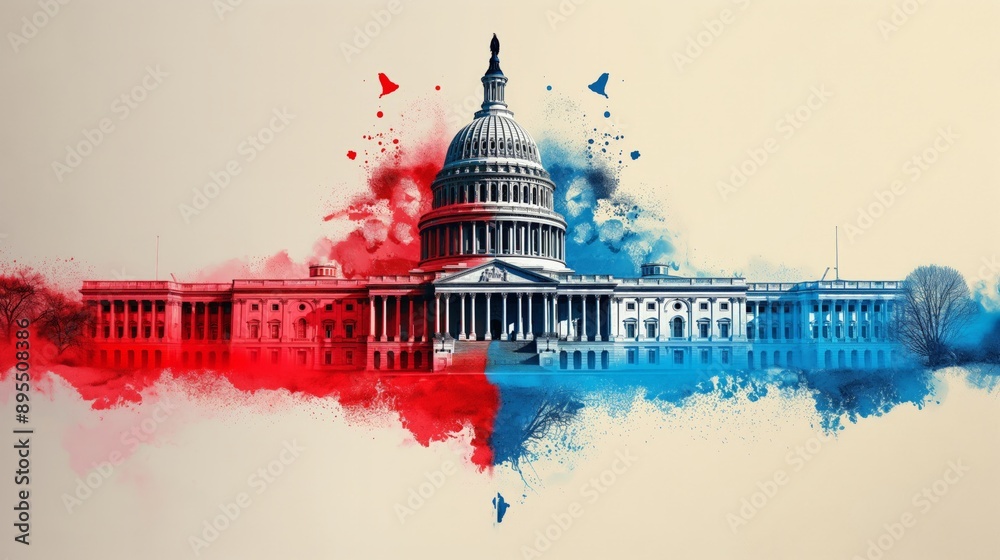 Artistic portrayal of the US Capitol building in red and blue splash ...
