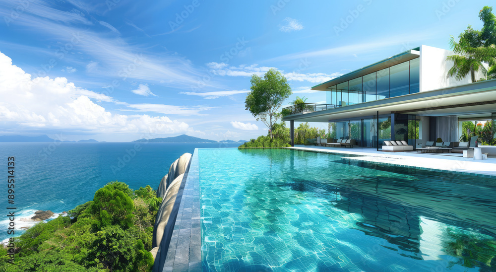 A luxurious, modern mansion with an infinity pool overlooking the sea ...
