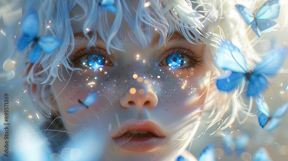 Ethereal anime boy with white hair and blue eyes, surrounded by blue ...