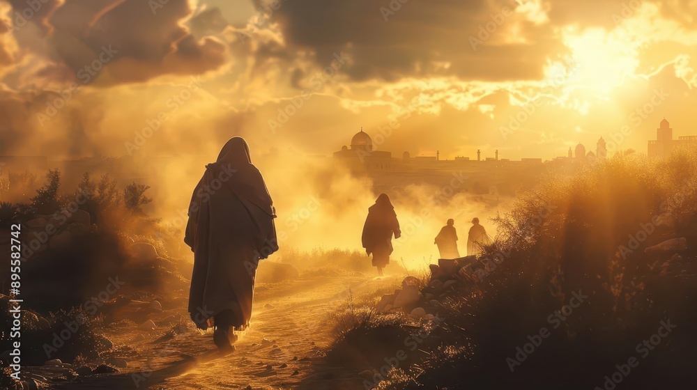 dramatic biblical scene jesus walking towards jerusalem dusty path warm ...