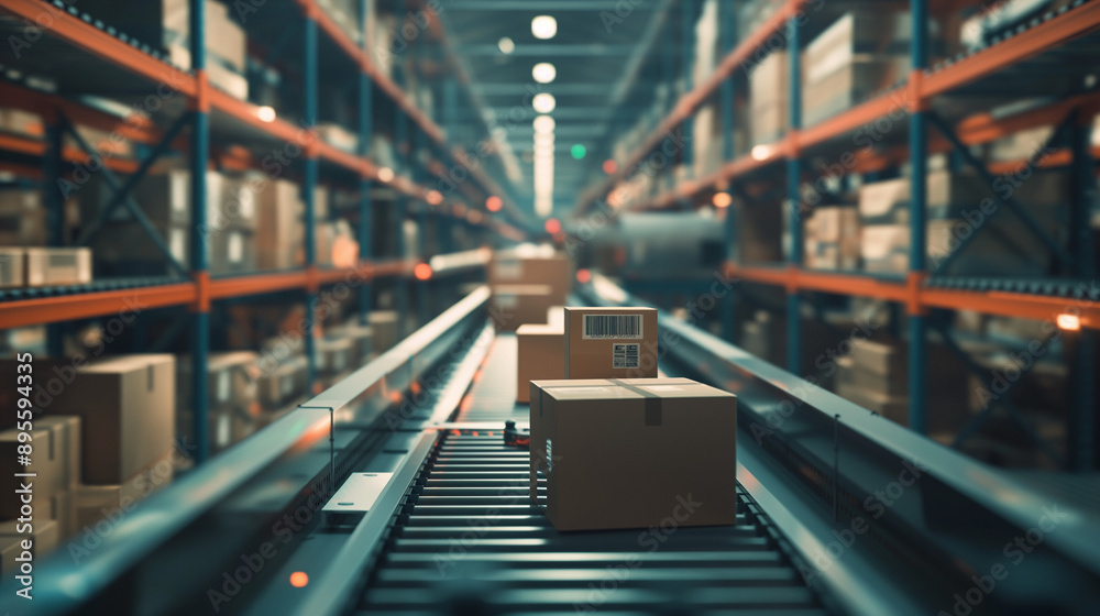 Workers, efficiently packaging products and using automated conveyor ...