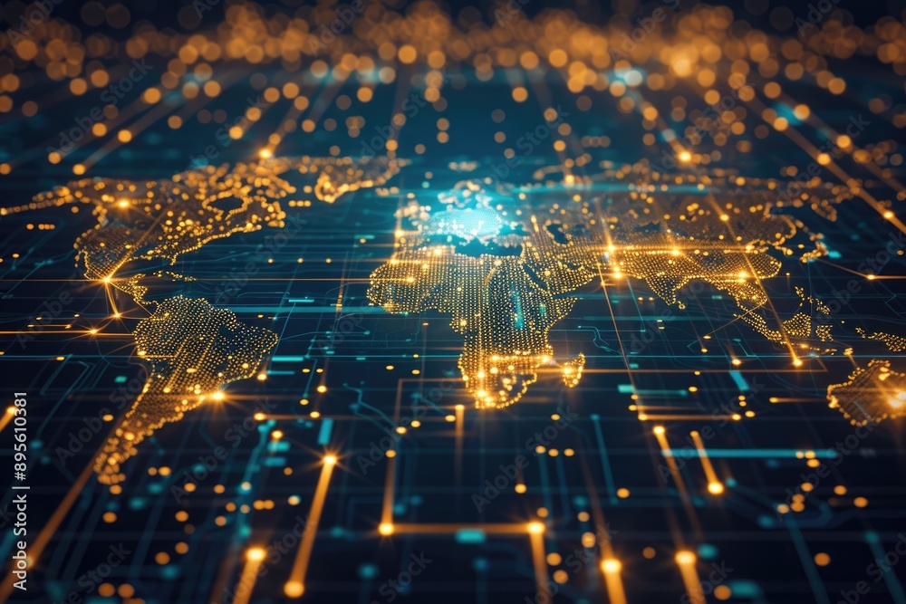 Golden digital world map with blue network connectivity lines on a ...