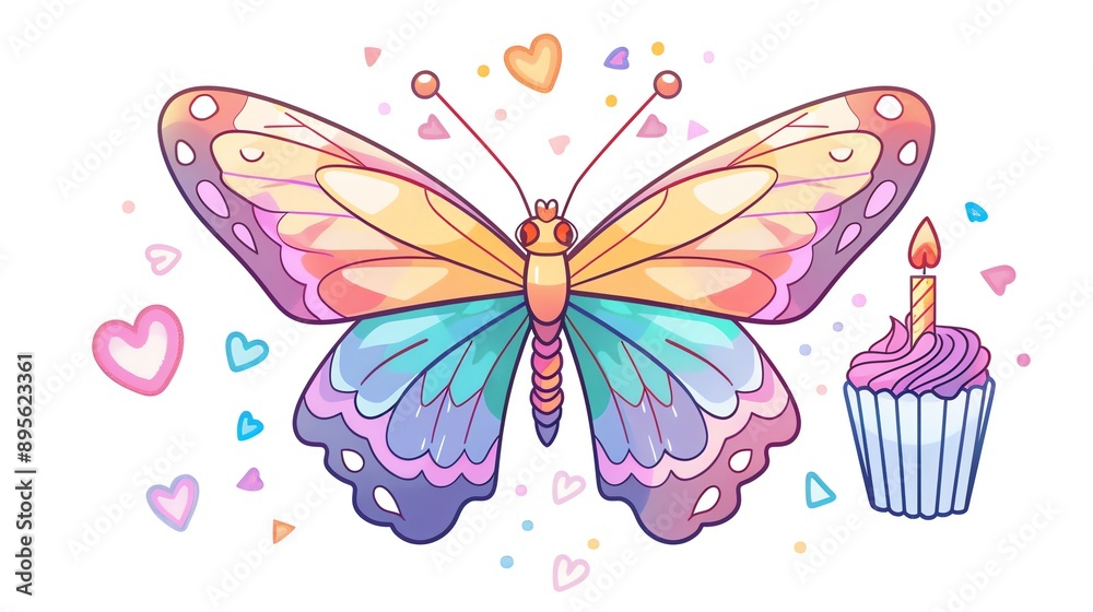 Create a clipart of a Butterfly with a birthday cupcakein a kawaii ...