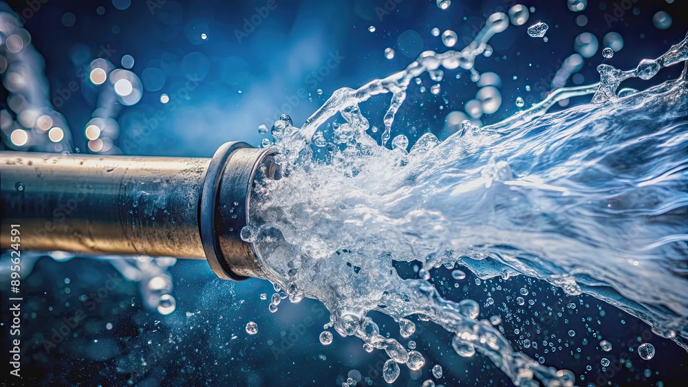 Close-up shot of water bursting from a plastic pipe with explosive ...