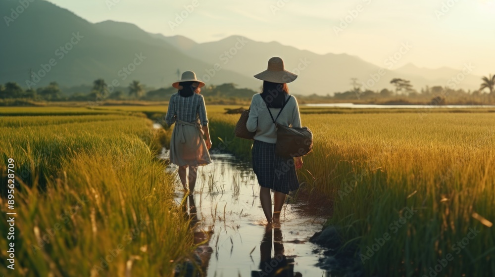 Two women in hats and traditional attire walk through a flooded rice ...