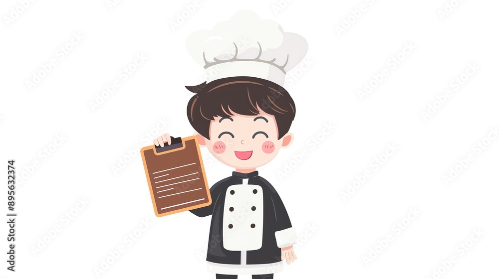 Create a clipart of a Chef with a clipboard and menuin a kawaii style ...