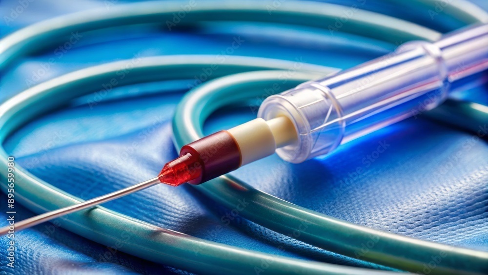 Detailed macro view of a central venous catheter inserted over a guide ...